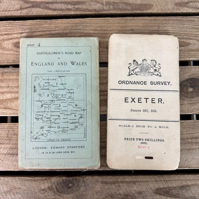 TWO LINEN BACKED old maps of UK. OS Exeter 1" to Mile and Bartholomew's ...