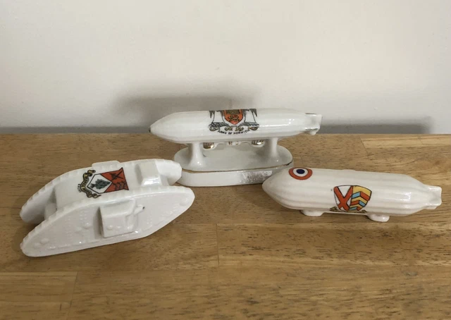 3 WW1 CRESTED Ware China Tank Zeppelin Alexandra, Carlton, Goss See ...