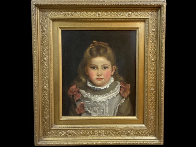 ANTIQUE VICTORIAN OIL On Canvas Portrait Painting Of Young Girl In Gilt ...