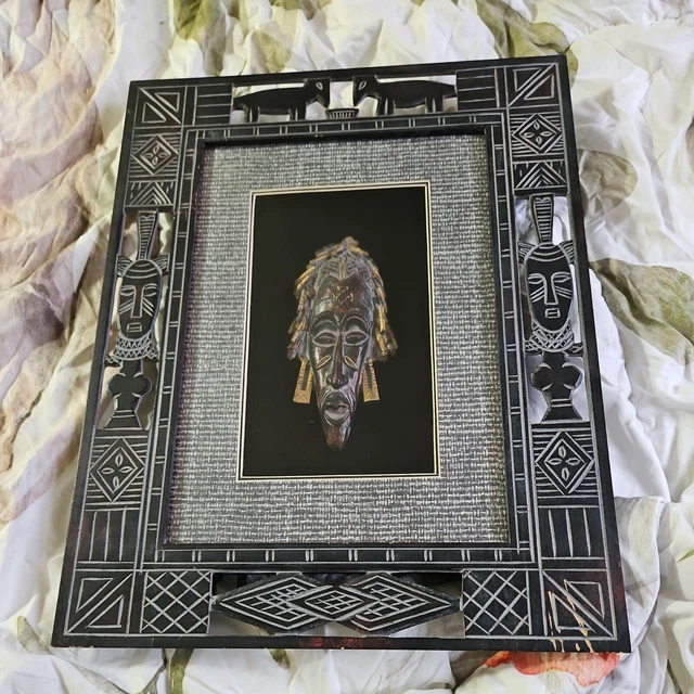 VINTAGE AFRICAN WOODEN Shadowbox 3D Artwork voodoo head tribal mask ...