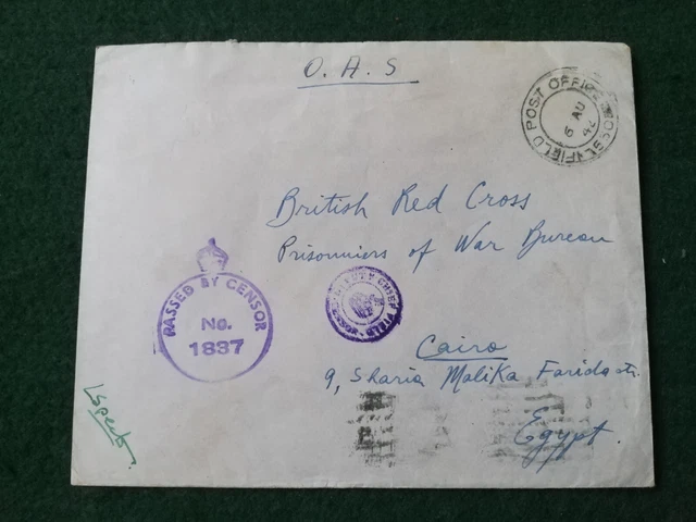 WW2 1942 ENVELOPE British Red Cross Prisoners Of War Bureau Egypt. £6. ...
