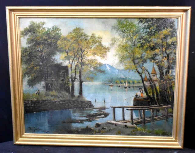 TABLEAU HUILE PAYSAGE animé personnages bord de lac Suisse signé fin XIXème EUR 1,00 - PicClick FR