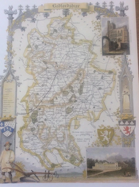 BEDFORDSHIRE ANTIQUE COLOUR Map Thomas Moule County Maps of Old England ...