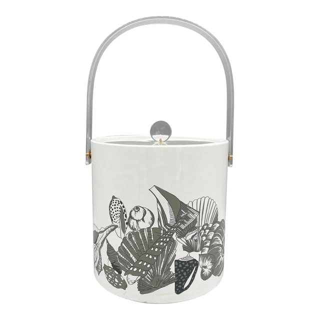 VINTAGE WHITE AND Gray Seashell Shell Ice Bucket With Lucite Handle and ...