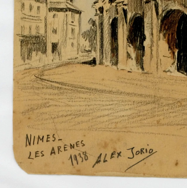 « LES ARÈNES DE Nîmes 1938 », dessin au graphite et couleurs, Alex ...