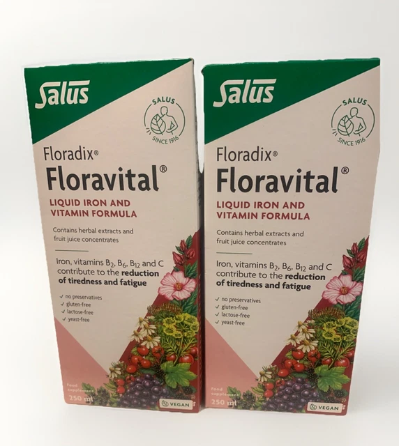 2 X FLORADIX Floravital 250ml Liquid Iron Vitamin Formula Gluten ...