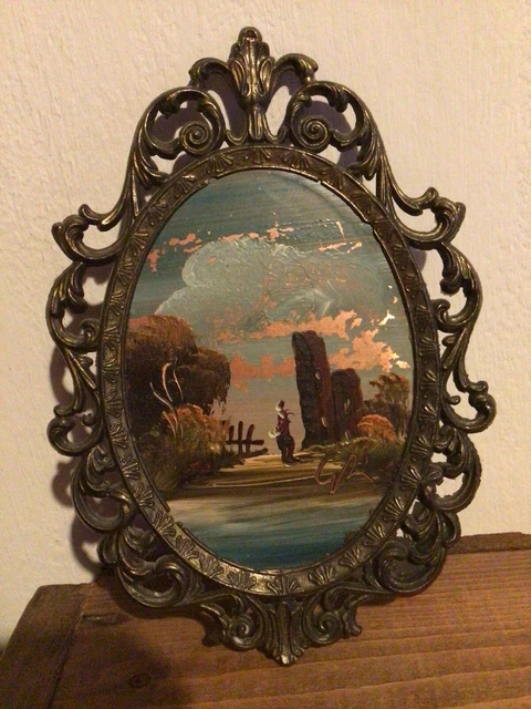 VINTAGE ITALIAN LANDSCAPE Oil Painting on Copper in a Gilt Metal Frame ...