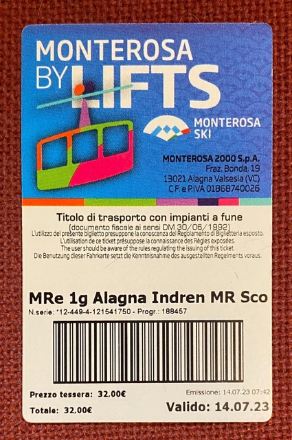 BIGLIETTO TICKET funivia cabinovia Monte Rosa EUR 1,50 - PicClick IT