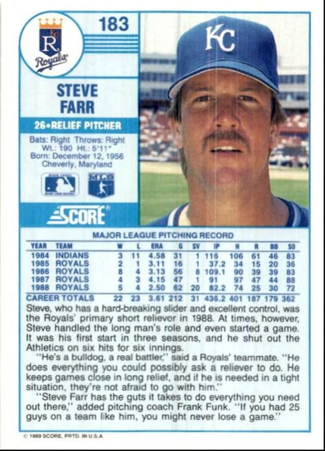 1989 SCORE CARTE Baseball Steve Farr A Kansas City Royals #183 EUR 2,04 ...