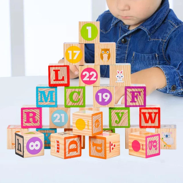 WOODEN BLOCKS ALPHABET Letters and Number Learning Blocks Sensory Toy ...