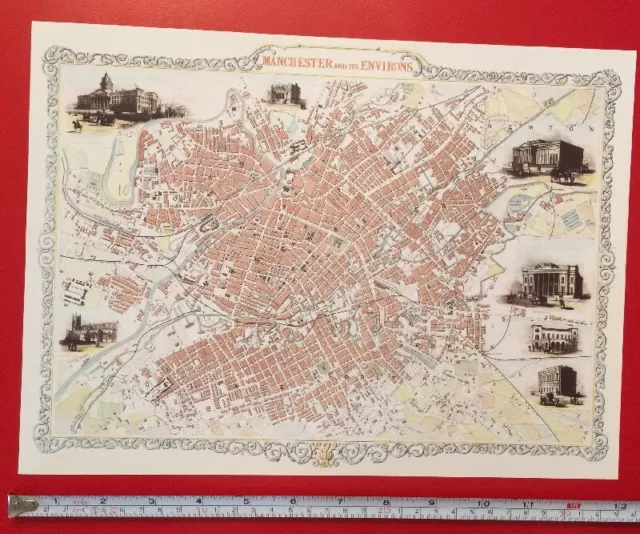 OLD ANTIQUE MAP & Vignettes of Manchester, England: 1800's, 1851 Tallis ...