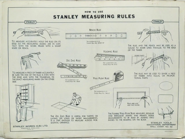 VINTAGE WOODWORKING POSTER 1950s Stanley Tools Wall chart #52 Measuring ...