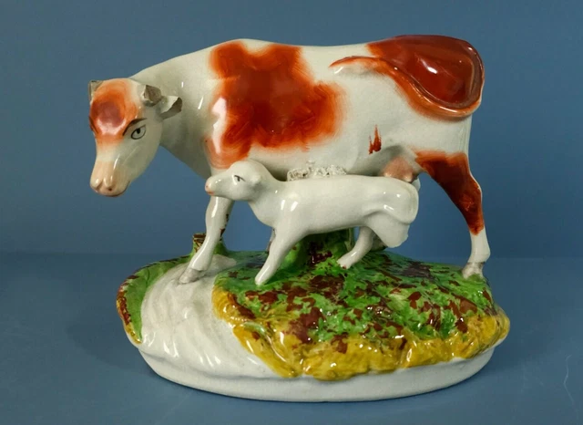 VICTORIAN STAFFORDSHIRE COW & CALF FIGURE GROUP for Restoration £45.00 ...