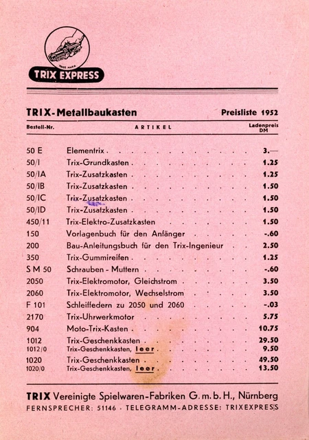 TRIX PRICE LIST metal kit 1952 price list prijslijst prismistine cennik ...
