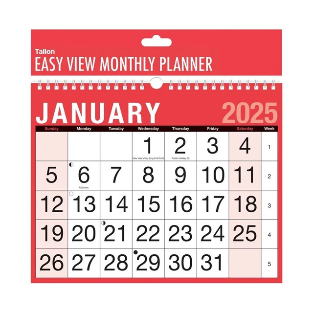 2025 A4 EASY Month To View Spiral Bound Wall Planner Calendar ...