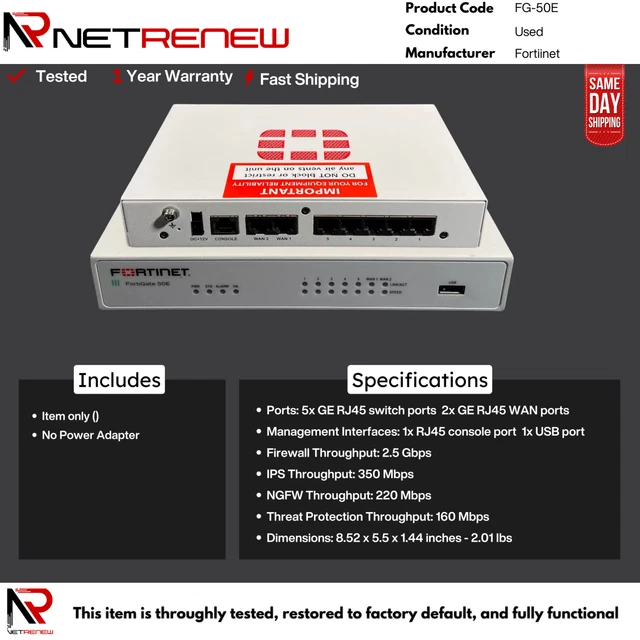 FORTINET FORTIGATE FG-50E Firewall Security Appliance 5-Port Gigabit ...