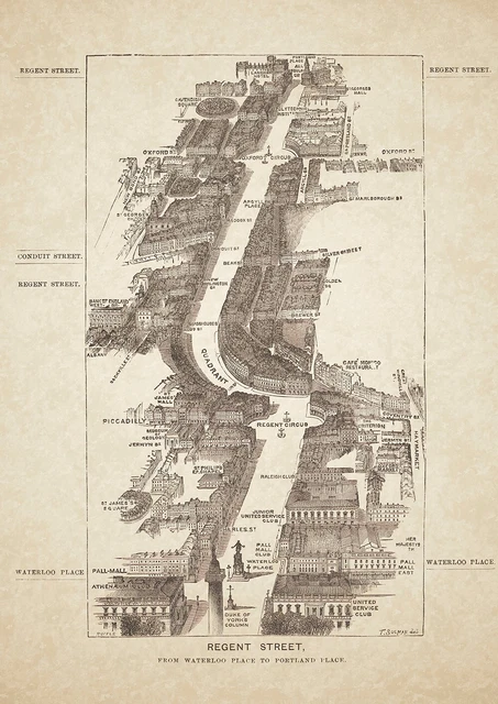 OLD LONDON MAP - Birds eye view from Waterloo Place to Portland Place ...