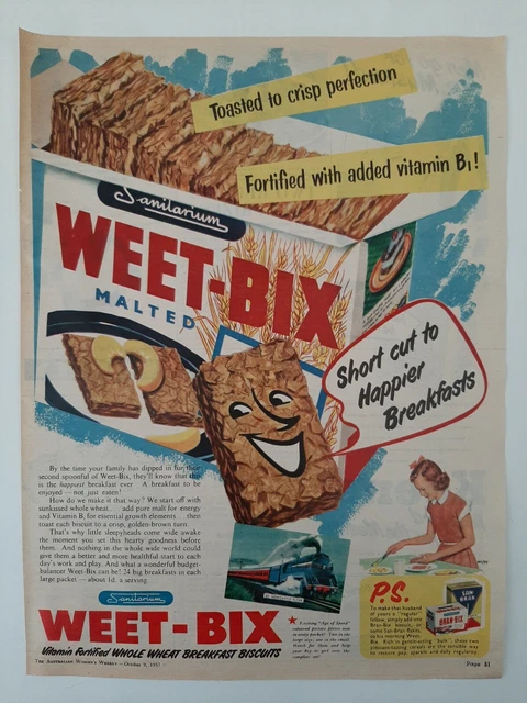 VINTAGE AUSTRALIAN ADVERTISING 1957 ad SANITARIUM WEET-BIX box & card ...