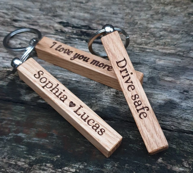 ENGRAVED SOLID OAK Bar Keyring Wooden Personalised Hotel Key Fob Tag ...
