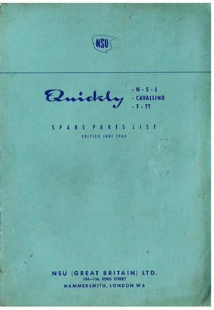 NSU QUICKLY MODEL N S L T Tt Cavallino Moped Orig. 1960 Factory Parts ...