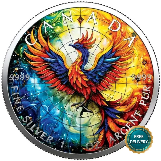 2025 1OZ SILVER Canada Stained Glass Phoenix Colorized Color Certif ...
