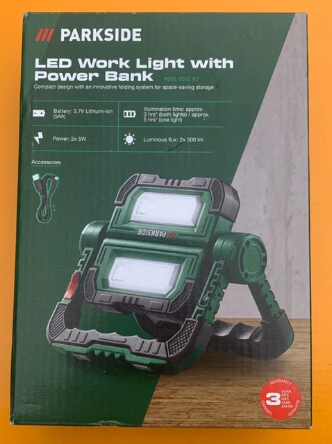 PARKSIDE LED WORK Light With Power Bank PBSL 5000 B2 USB-C Rechargeable ...
