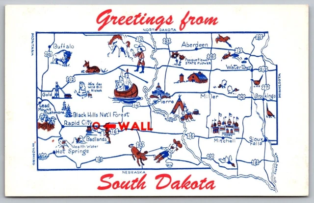 GREETINGS SOUTH DAKOTA State Map Cities Landmarks Scenic DB UNP ...
