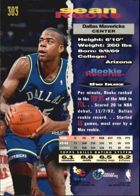 1993-94 STADIUM CLUB Dallas Mavericks Basketball Card #303 Sean Rooks ...