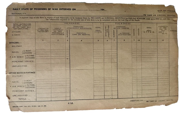 WW2 BRITISH ARMY German Pow Daily Log Sheet Unused Original £29.95 ...
