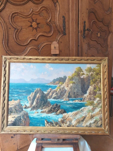 ANCIEN TABLEAU HUILE Sur Toile Signé - Rochers A L'estagnol 83 Var Méditerranée EUR 80,00 ...