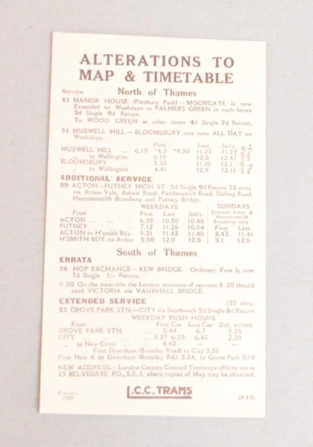 TRAM LONDON LCC Trams Leaflet Alterations to Map & Timetable February ...