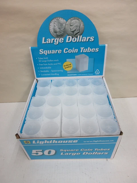 BOX OF 50 Lighthouse Square Coin Tubes Large Dollars Morgan Peace Ike ...