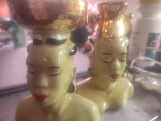 RARE GRADUATED PAIR 1950s Japanese Lusterware Head Candle Holders ...