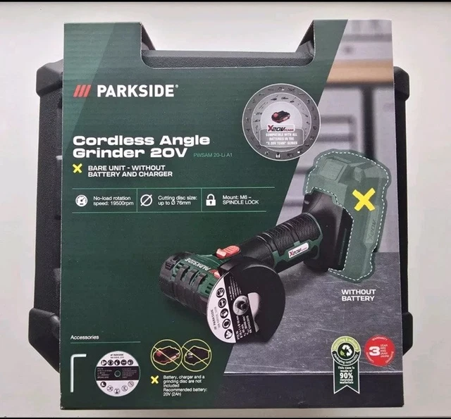 PARKSIDE 20V CORDLESS Angle Grinder - Bare Unit PWSAM 20-Li A1 £29.84 ...