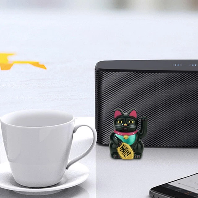 BLACK PLASTIC MANEKI Neko Beckoning Lucky Money Cat Waving Arm For Good ...