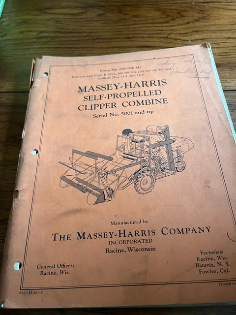 MASSEY HARRIS CLIPPER Self Propelled Combine Parts Book Manual FCCA $24 ...