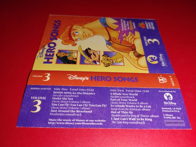 DISNEY'S HERO SONGS - VOLUME 3 cassette (1996, ABC, USA) 60376 0 MC ...