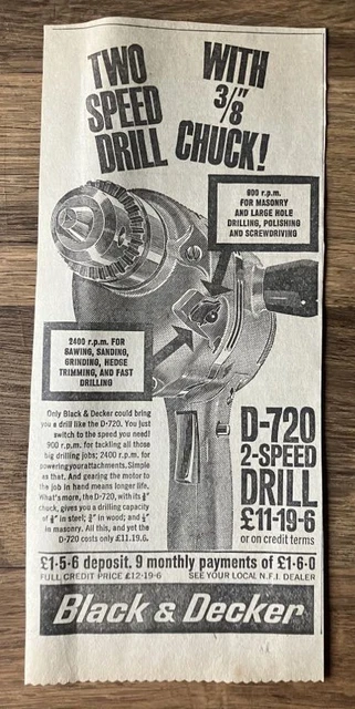 BLACK & DECKER D-720 2 Speed Drill Advert 1965 DIY Electric Power Tool ...