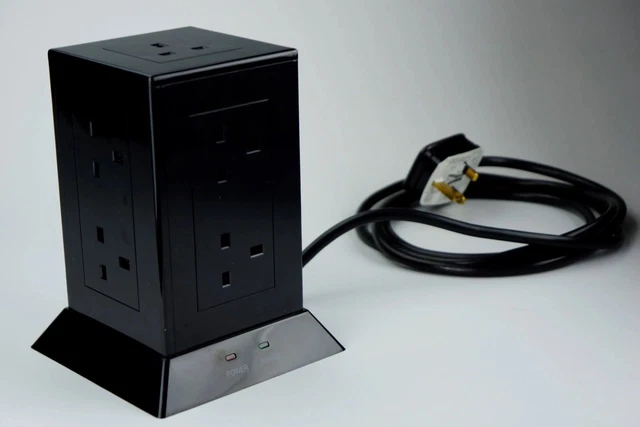 BLACK 9 GANG Tower 13A 1.5M Extension Block Lead Socket Surge Protected ...