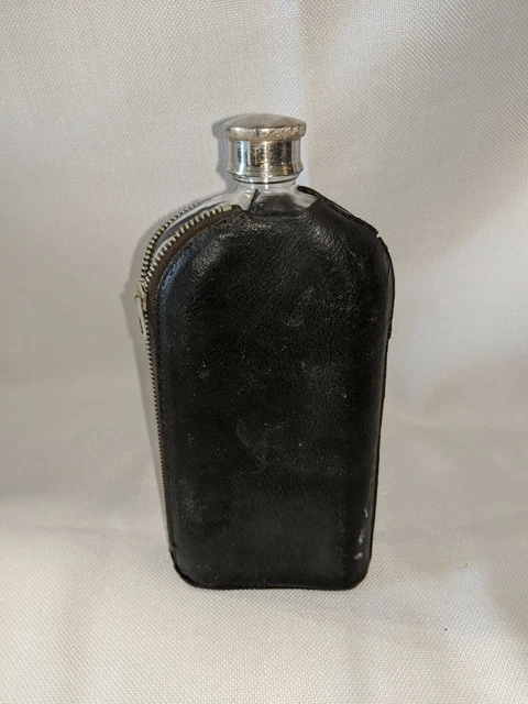 ANTIQUE GLASS ALCOOL Hip Flask Prohibition Era Metal Lid Cork Lined ...