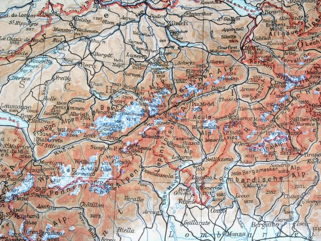 1937 VINTAGE PHYSICAL Map Of Alps Mountains / Germany Austria Italy ...