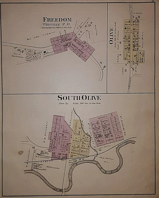OLD ANTIQUE 1876 Plat Map ~ FREEDOM - SOUTH OLIVE Twp., NOBLE Co., OHIO ...