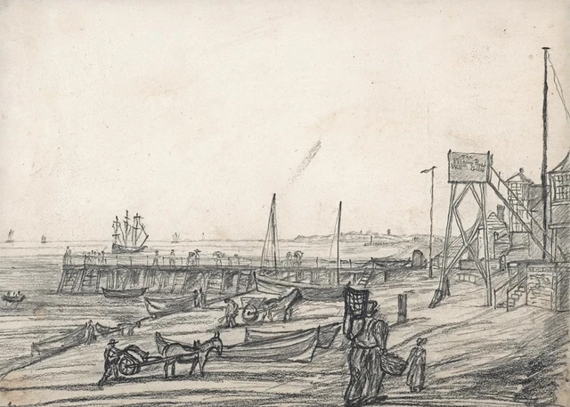 ENGLISH FISHING BEACH COASTLINE Antique Pencil Drawing c1830 - 19TH ...