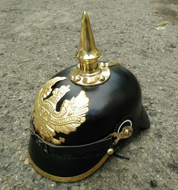 WW2 GERMAN OFFICER Prussian Black Leather -Pickelhaube Helmet Costume ...