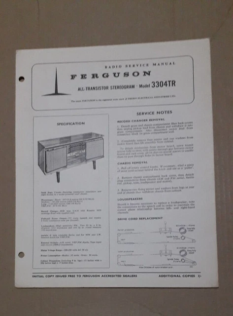 FERGUSON MODEL 3304TR All-Transistor Stereogram - Service Manual £4.61 ...