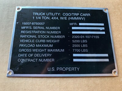 HMMWV HUMVEE TRUCK Utility Identification Data Plate No Model Number ...