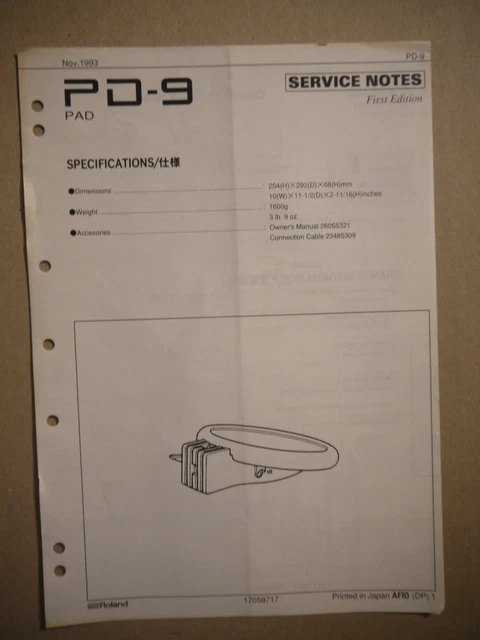 ROLAND PD-9 PAD Specifications Service Notes First Edition Manual £8.04 ...