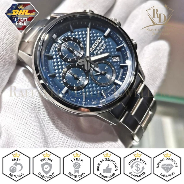 SEIKO MEN'S WATCH Chronograph Quartz Grey Titanium Blue Dial with Date ...
