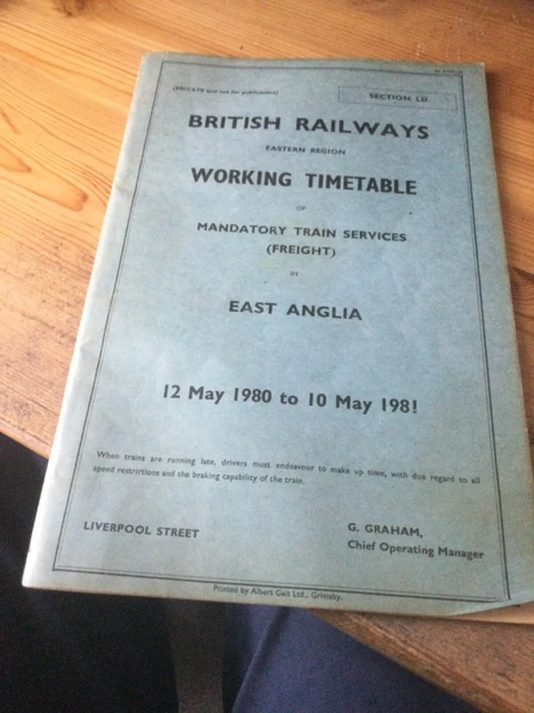 BRITISH RAILWAYS EASTERN Region Working Timetable of Mandatory Freight ...