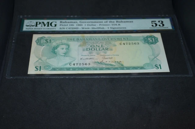 PMG GRADED BAHAMAS, Government of the Bahamas Banknote p18b 1965 $1 AU ...